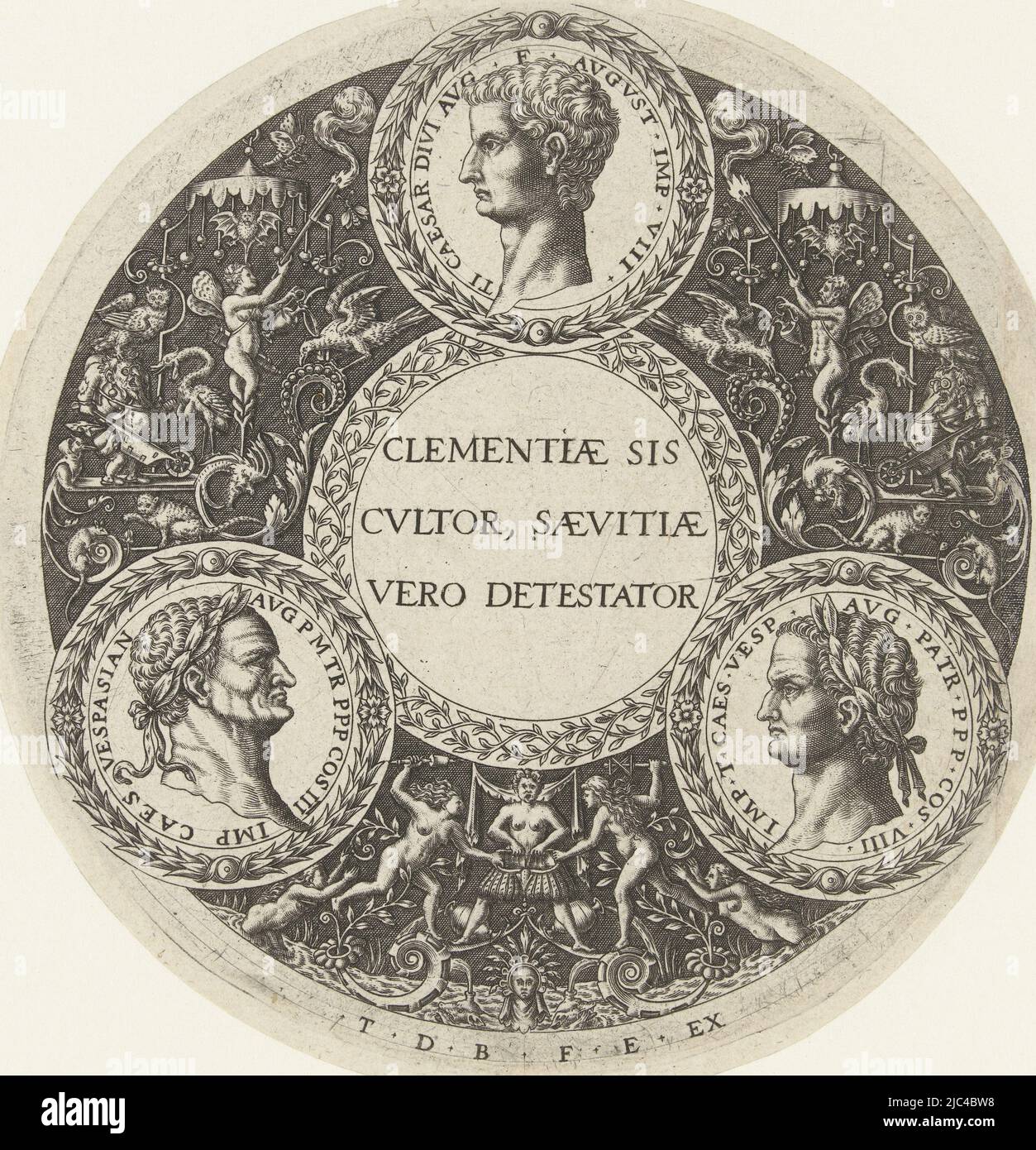 Medallion with Latin text in a wide border with grotesques on a dark ...