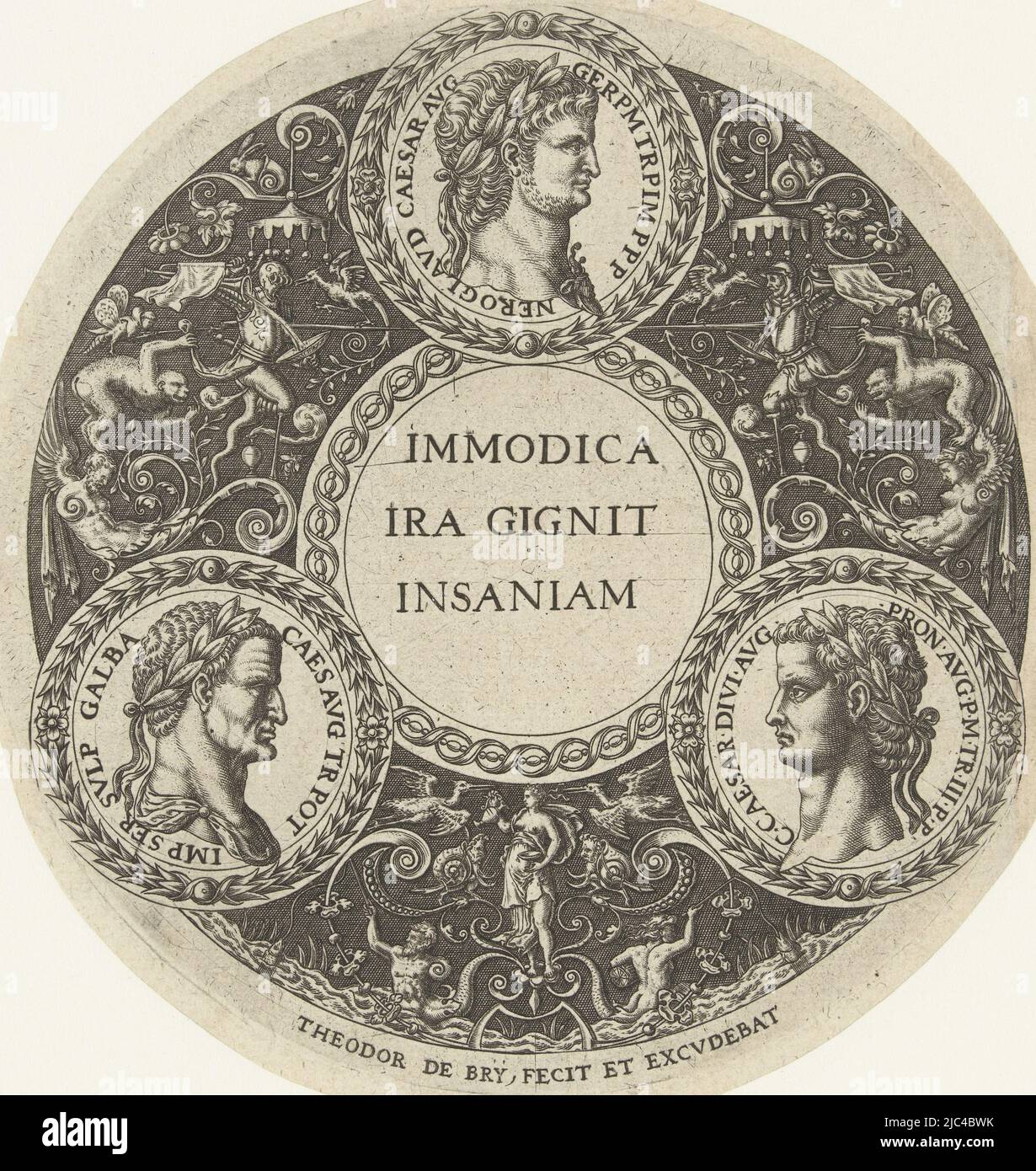 Medallion with Latin text in a wide border with grotesques on a dark ...