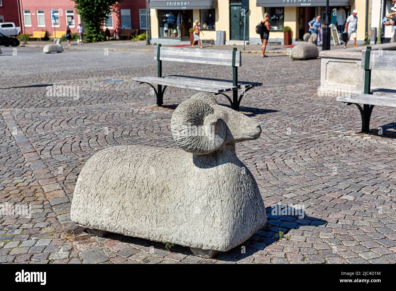 Sculpture made of stone, Gotland sheep as a barrier, bollard in the ...