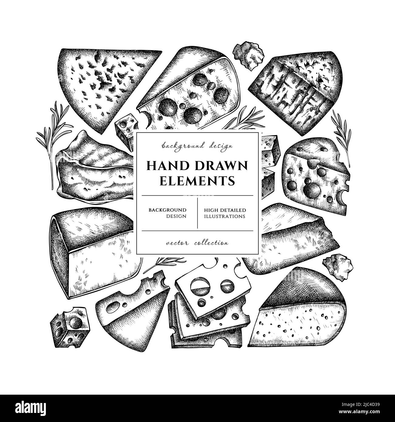 Cheese square card or invitation design. Frame design with brie, gouda ...