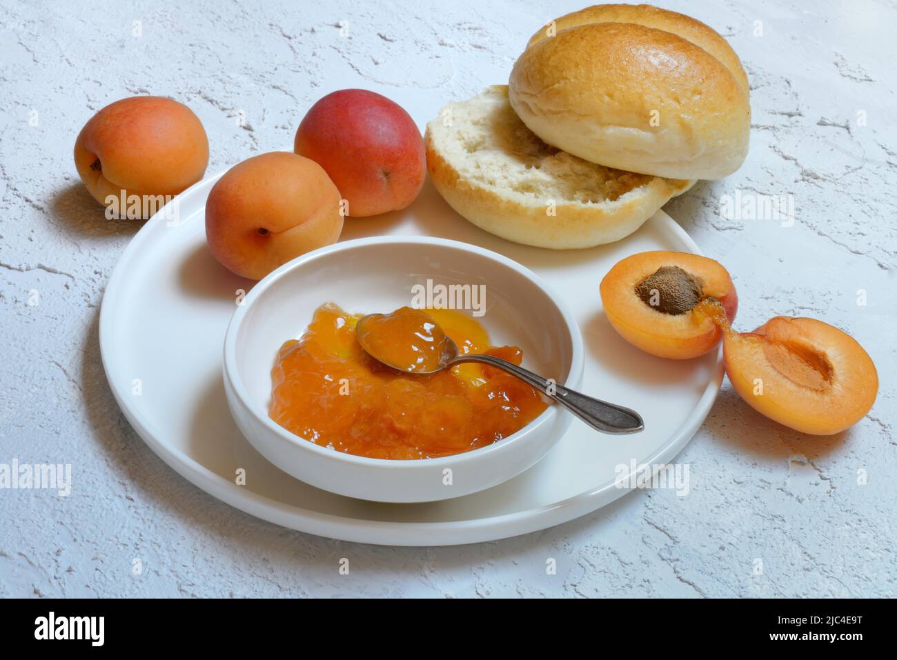 Apricot jam in shell and sliced roll, apricots (Prunus armeniaca Stock ...
