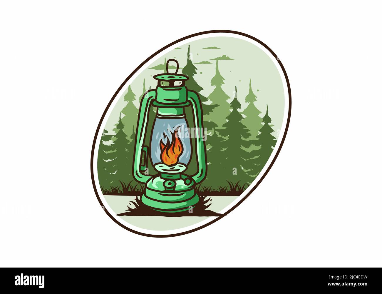 Colorful vintage outdoor lantern with fire flame between pine trees ...