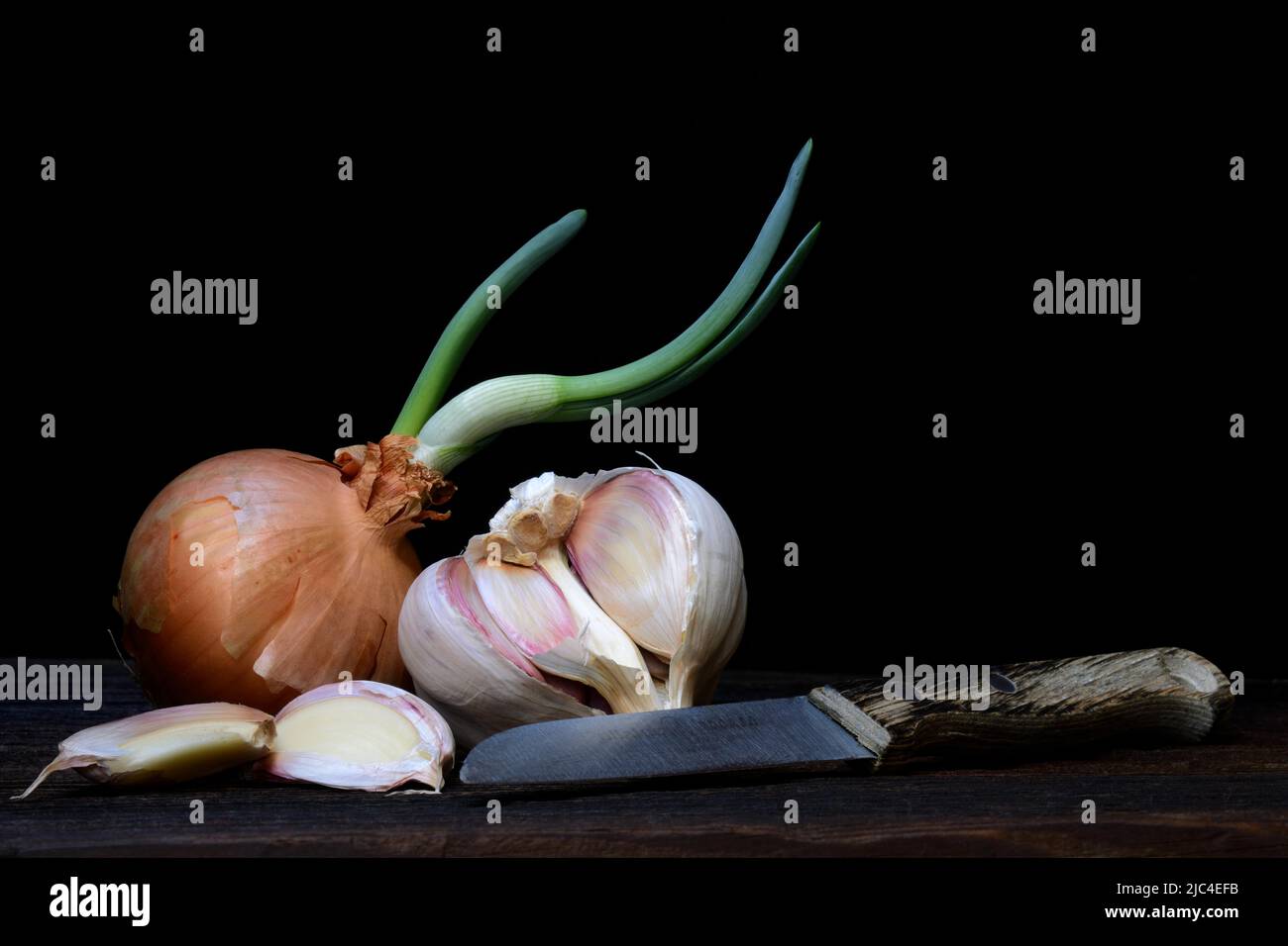 Sprouting common onion (Allium cepa) and garlic (Allium sativum) bulb ...