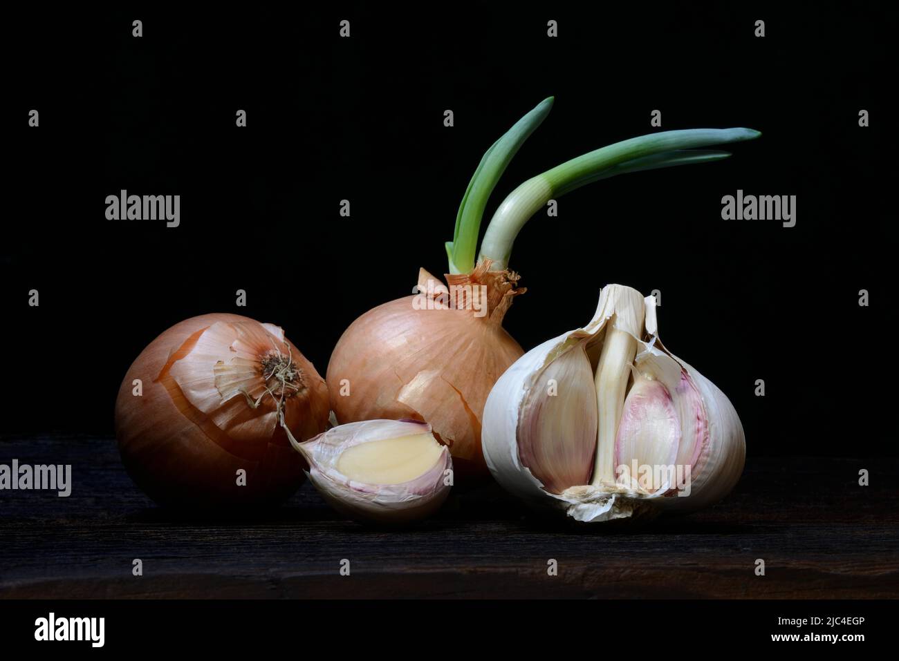 Sprouting common onion (Allium cepa) and garlic (Allium sativum) bulb ...