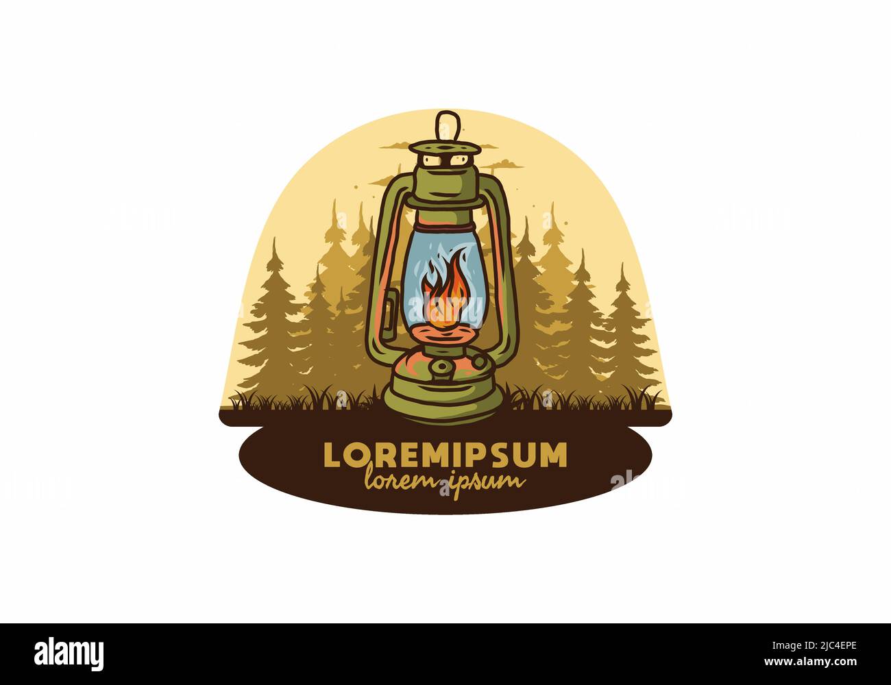 Colorful vintage outdoor lantern with fire flame between pine trees ...