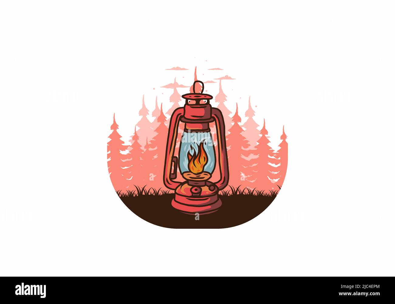 Colorful vintage outdoor lantern with fire flame between pine trees ...