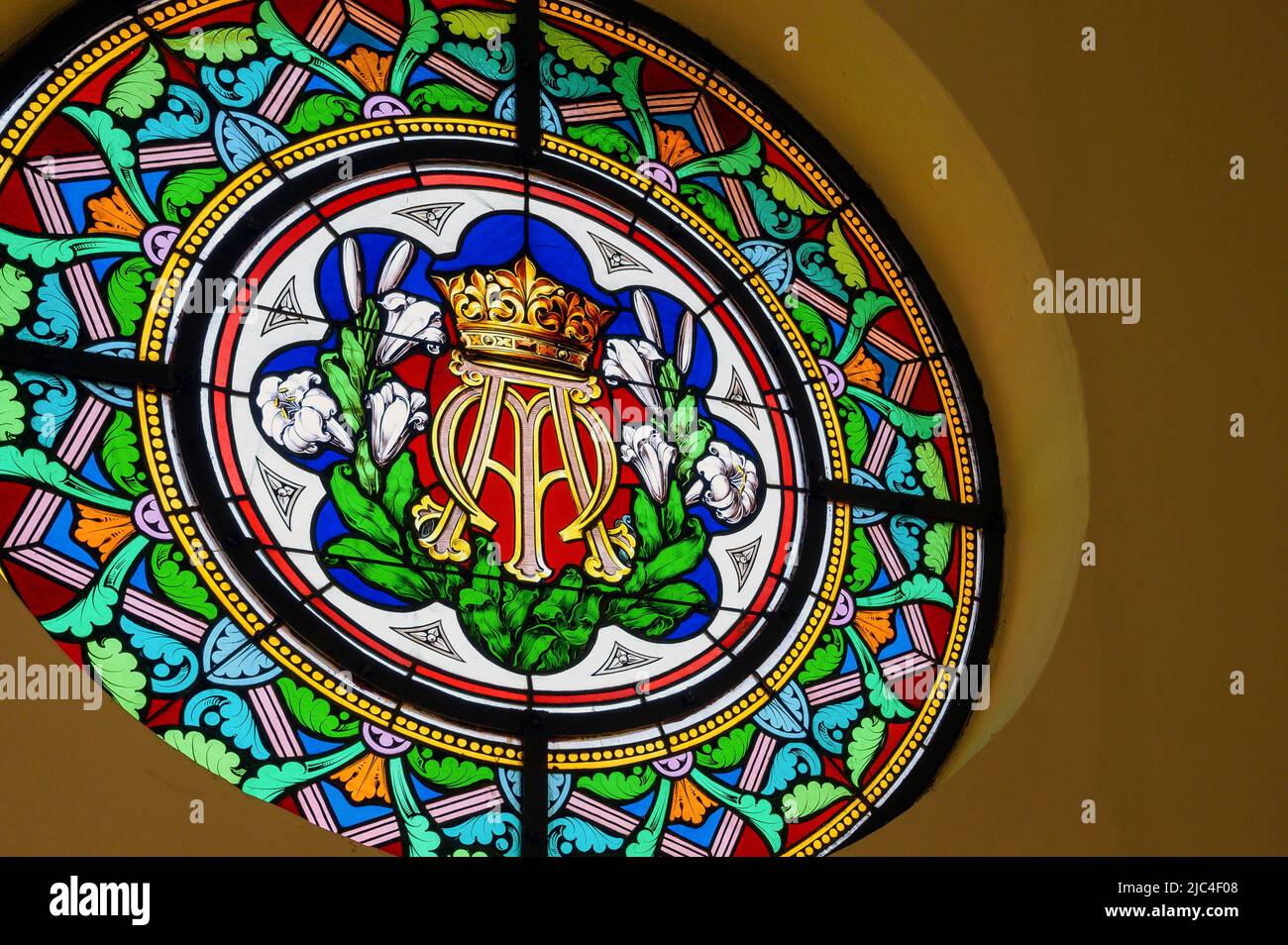 Lourdes Chapel from 1895, colourful window with floral motifs ...