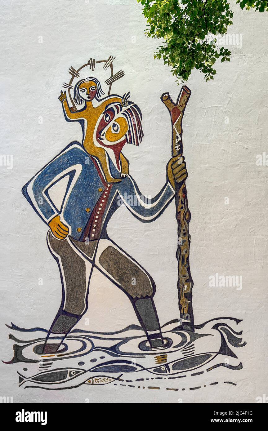 Church steeple with painting, Christ bearer, Christophorus carrying the ...