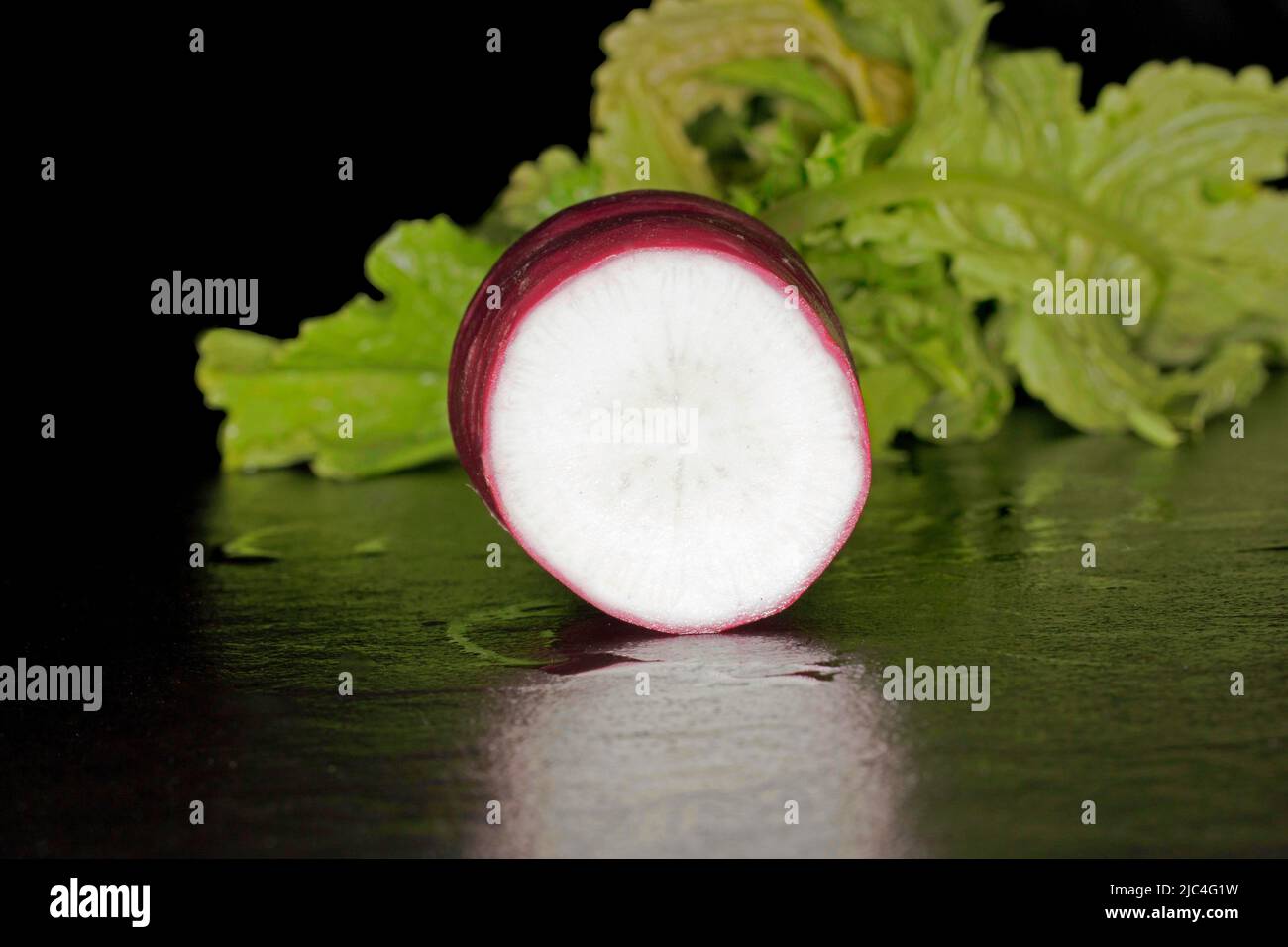 Cut fresh red radish with leaves, food photography in studio with black ...