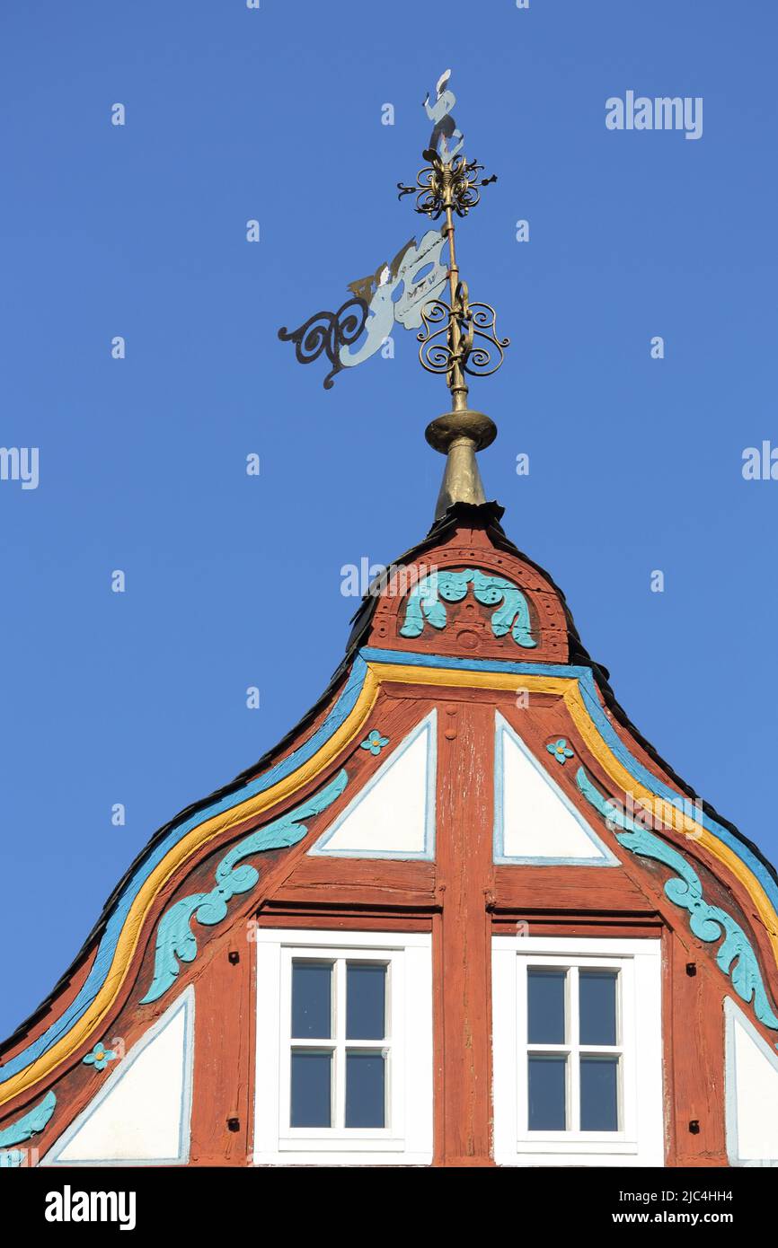 Gable with weather vane of the half-timbered house Zur Pfeif Gasthof on ...