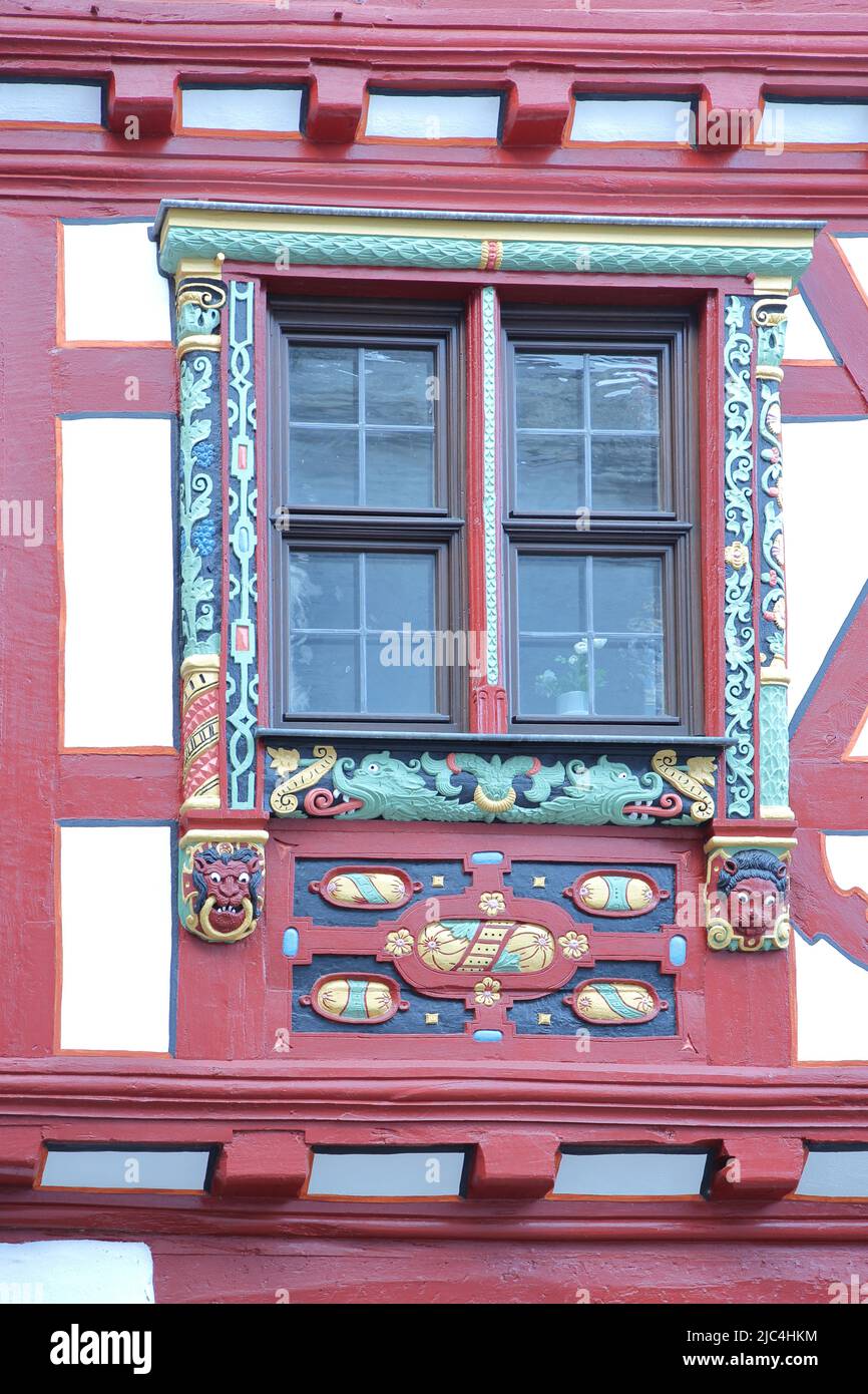 Decorated window at the historic Amthof in Bad Camberg, Hesse, Germany ...