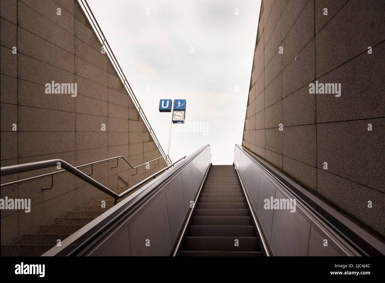 Underground, staircase, escalator, signs, clock, Munich, Bavaria ...