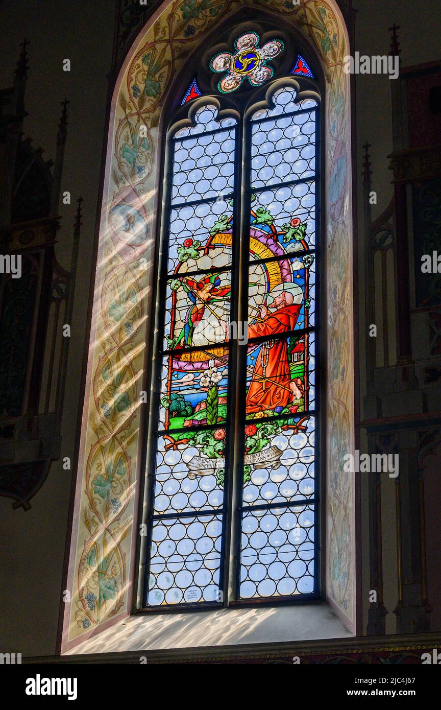 Colourful church window, St. Pelagius, neo-Gothic church, Weitnau ...