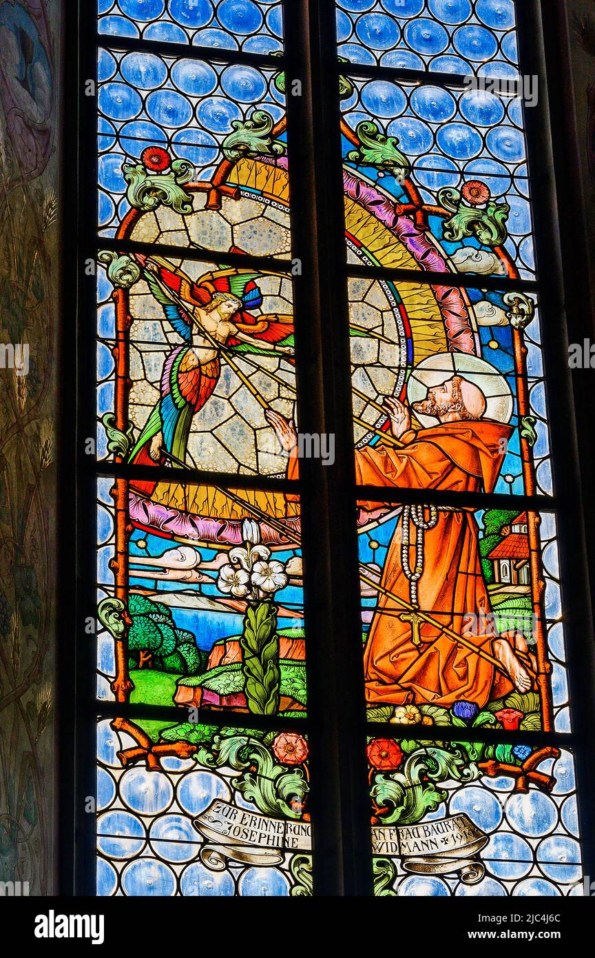 Colourful church window, St. Pelagius, neo-Gothic church, Weitnau ...