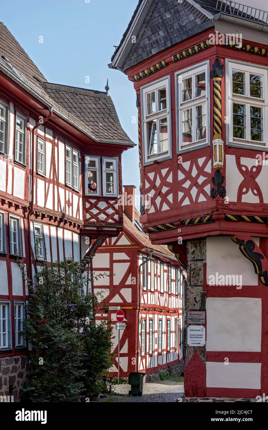 Medieval half-timbered houses with bay windows at the corner of the ...