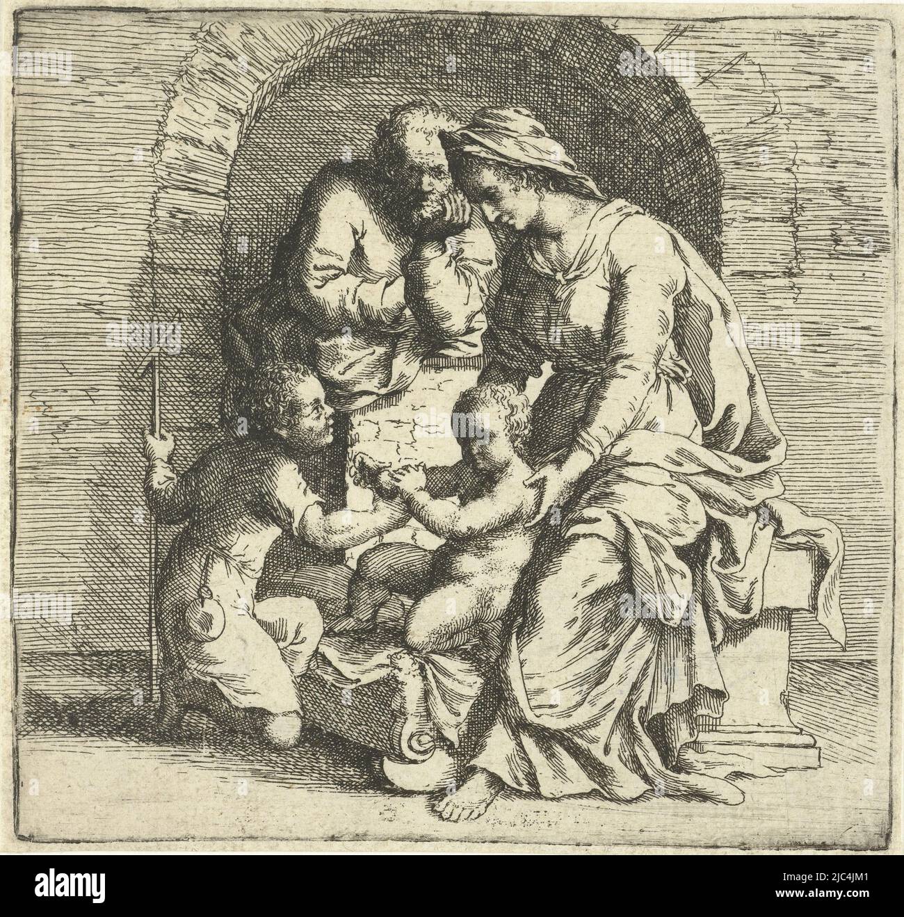 Mary holds Christ, who kneels on a cradle and accepts a fruit that John ...