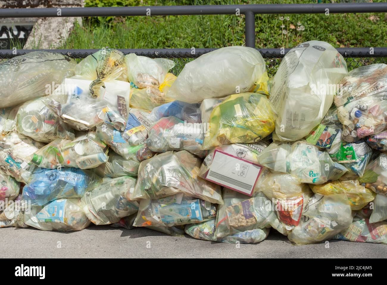 Stacked yellow bags for plastic waste, Germany Stock Photo - Alamy