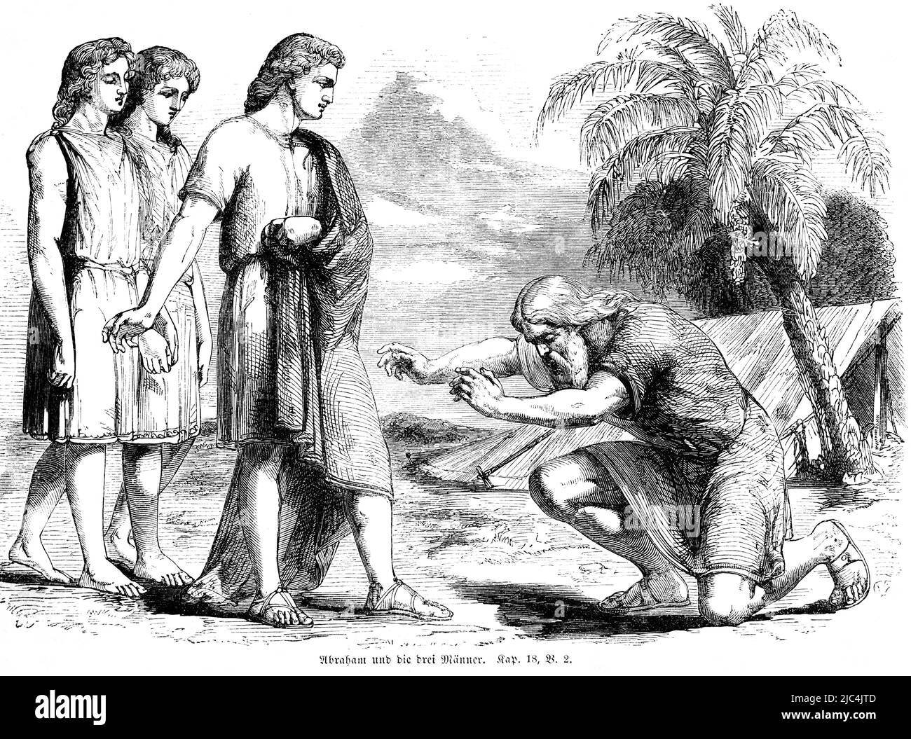 Abraham and the three men, hut, tent, kneeling, earth, palm tree, Moses ...