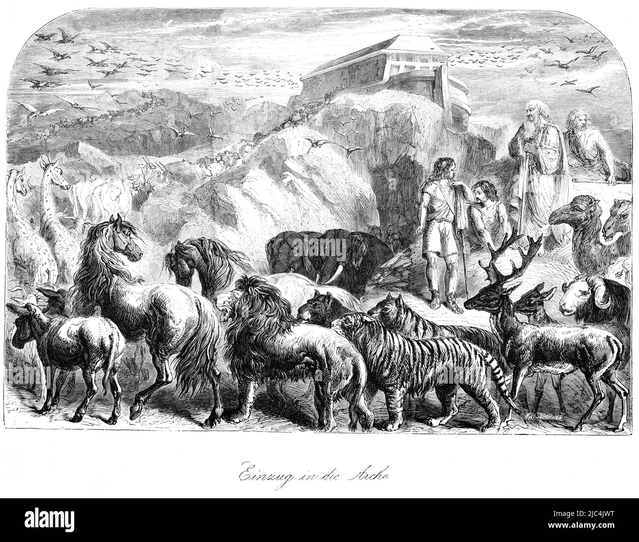 Entry into the ark, Noah's ark, mountains, people, many animals, all ...