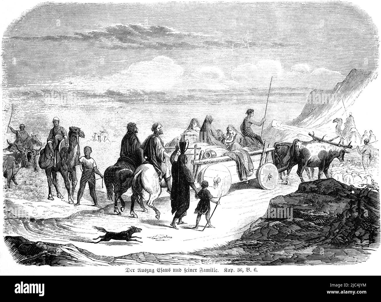 Exodus of Esau and his family, Esau, moving out, cart, team, cattle ...