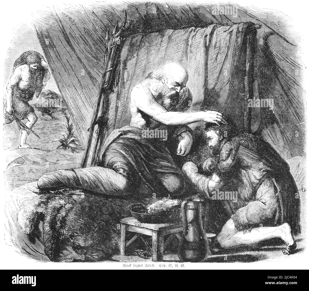 Isaac blesses Jacob, blessing, kneeling, three men, sitting, camp ...