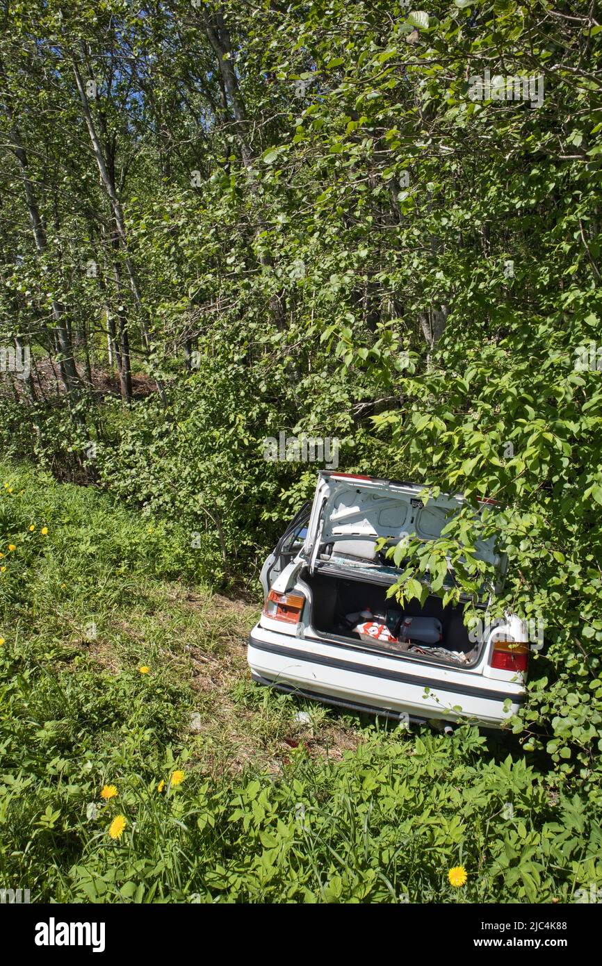 Abandoned car on the roadside forest after accident Stock Photo - Alamy