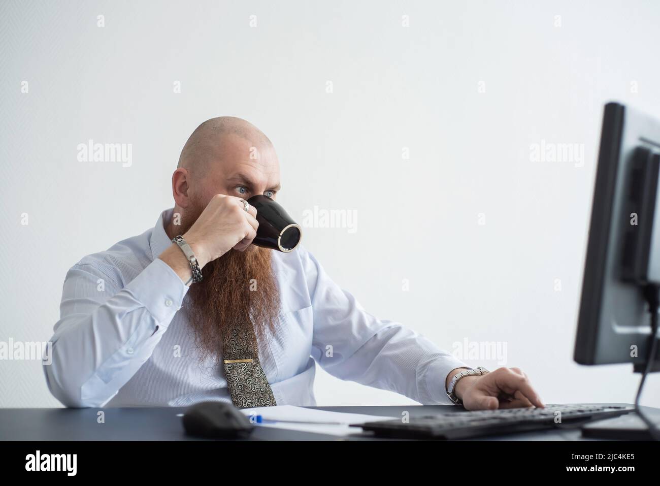 Focused bald man with a red beard drinks coffee and works at the ...