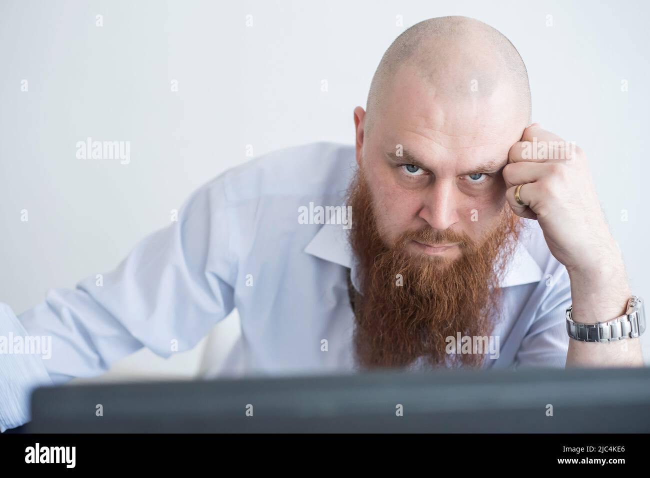A focused bald man with a red beard stares intently at the camera. Male ...