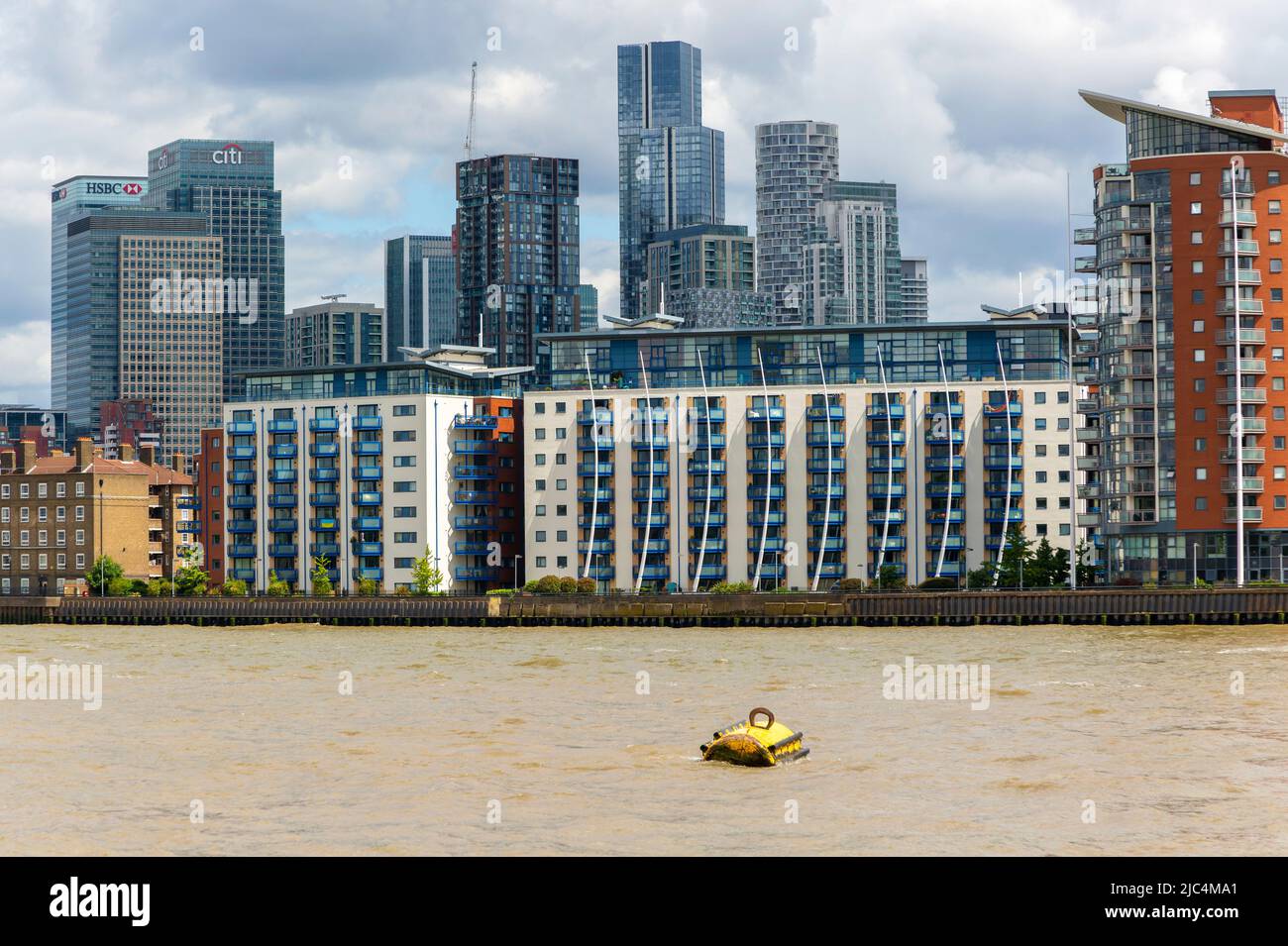 View from Deptford of River Thames and high rise offices of Canary ...