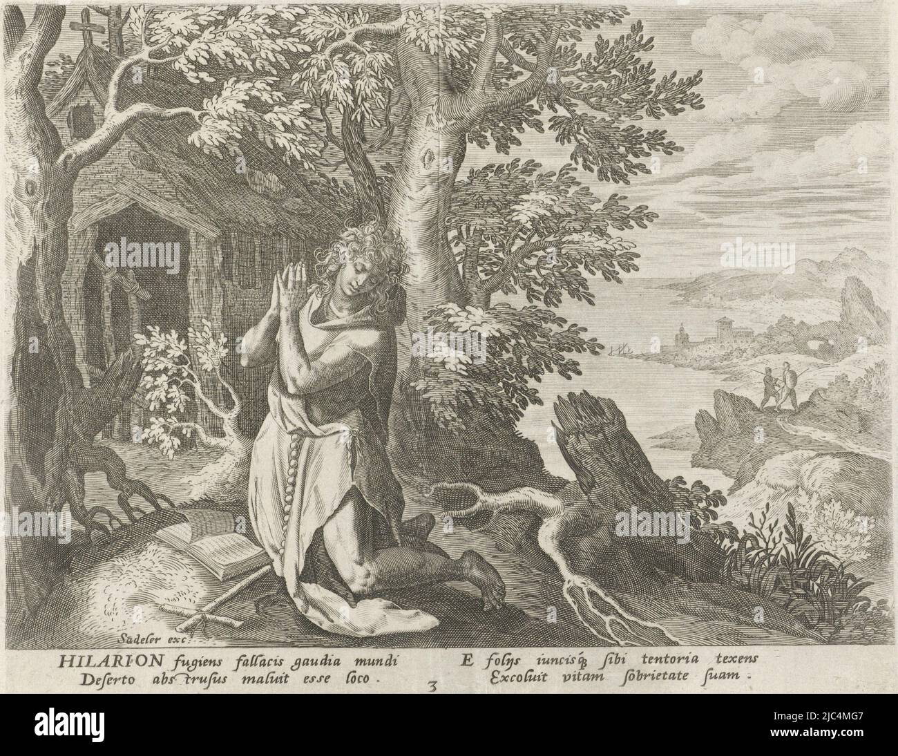 Saint Hilarion the Great as a young hermit, praying in front of his hut ...
