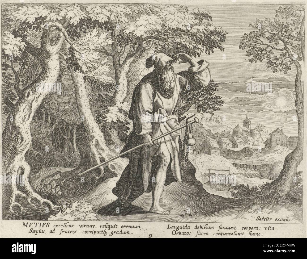 Mutius, an early Christian hermit, in a forest. In his hands a hermit's ...