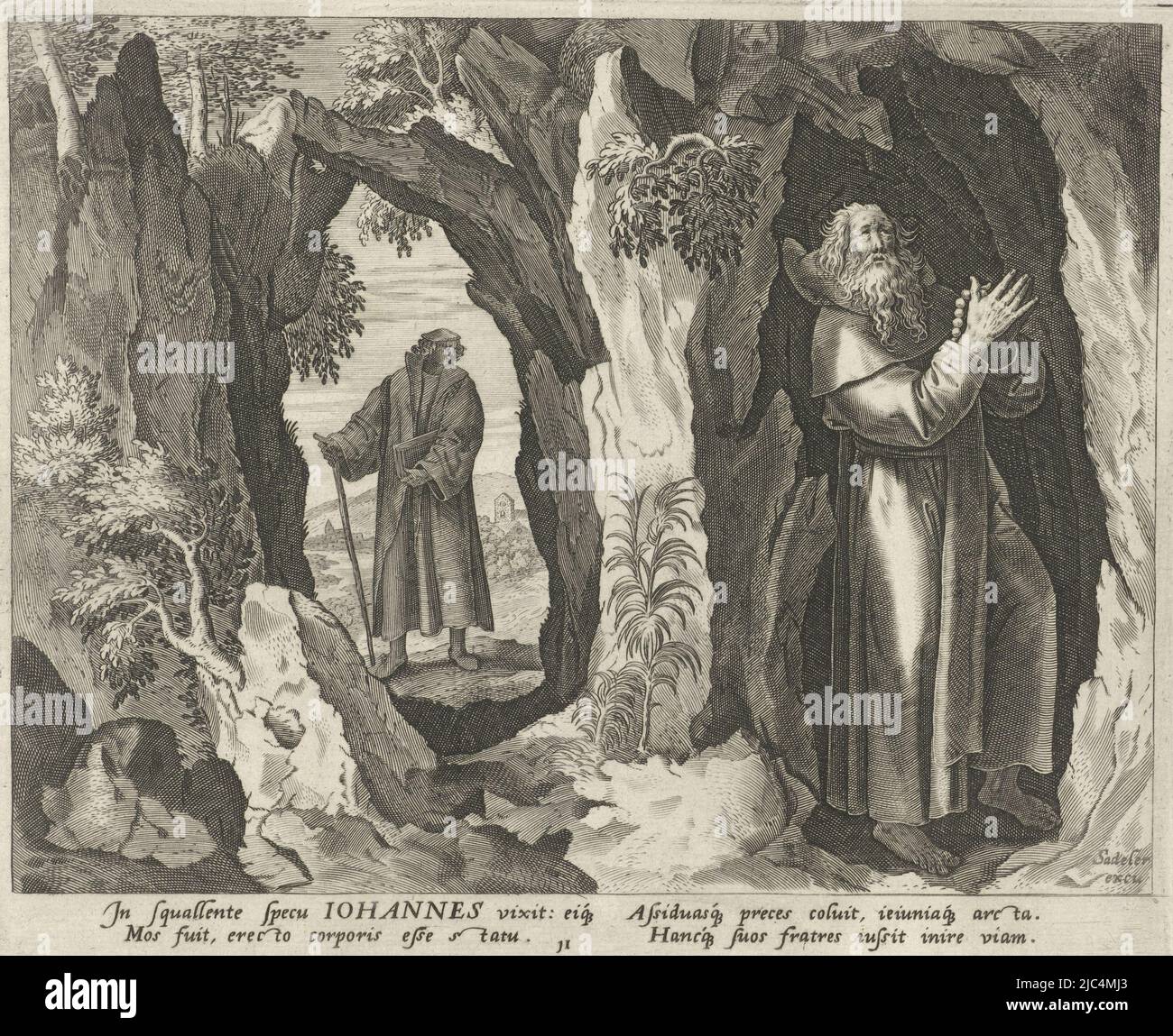 John the Hermit in a cave in the desert. He is praying the rosary. In ...