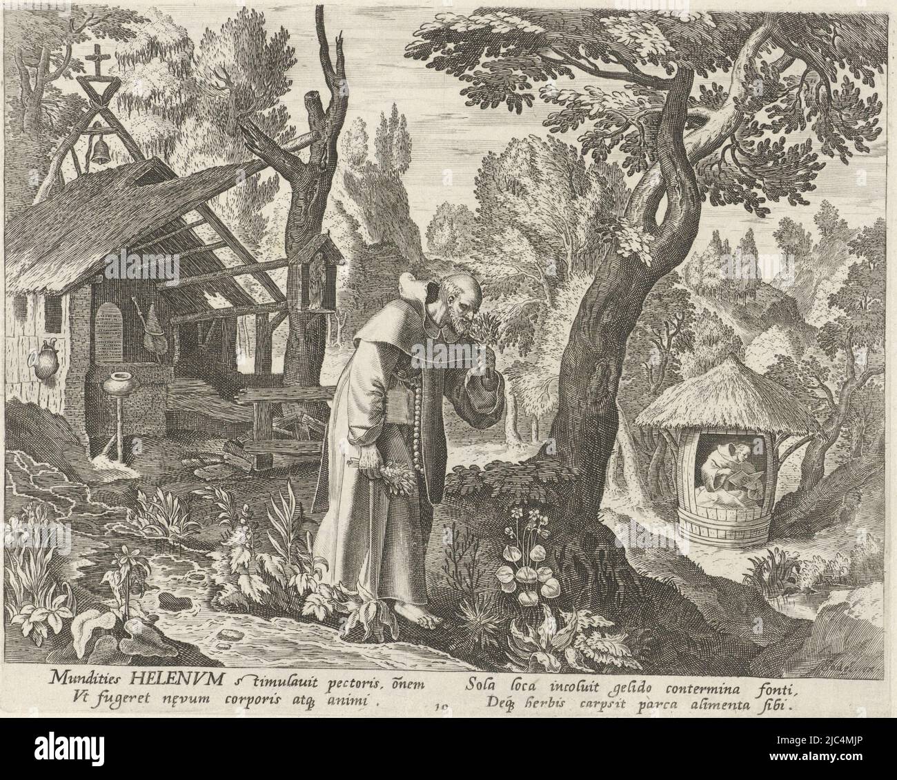 Saint Helen of Troyes in front of his hut in the wilderness. He is ...
