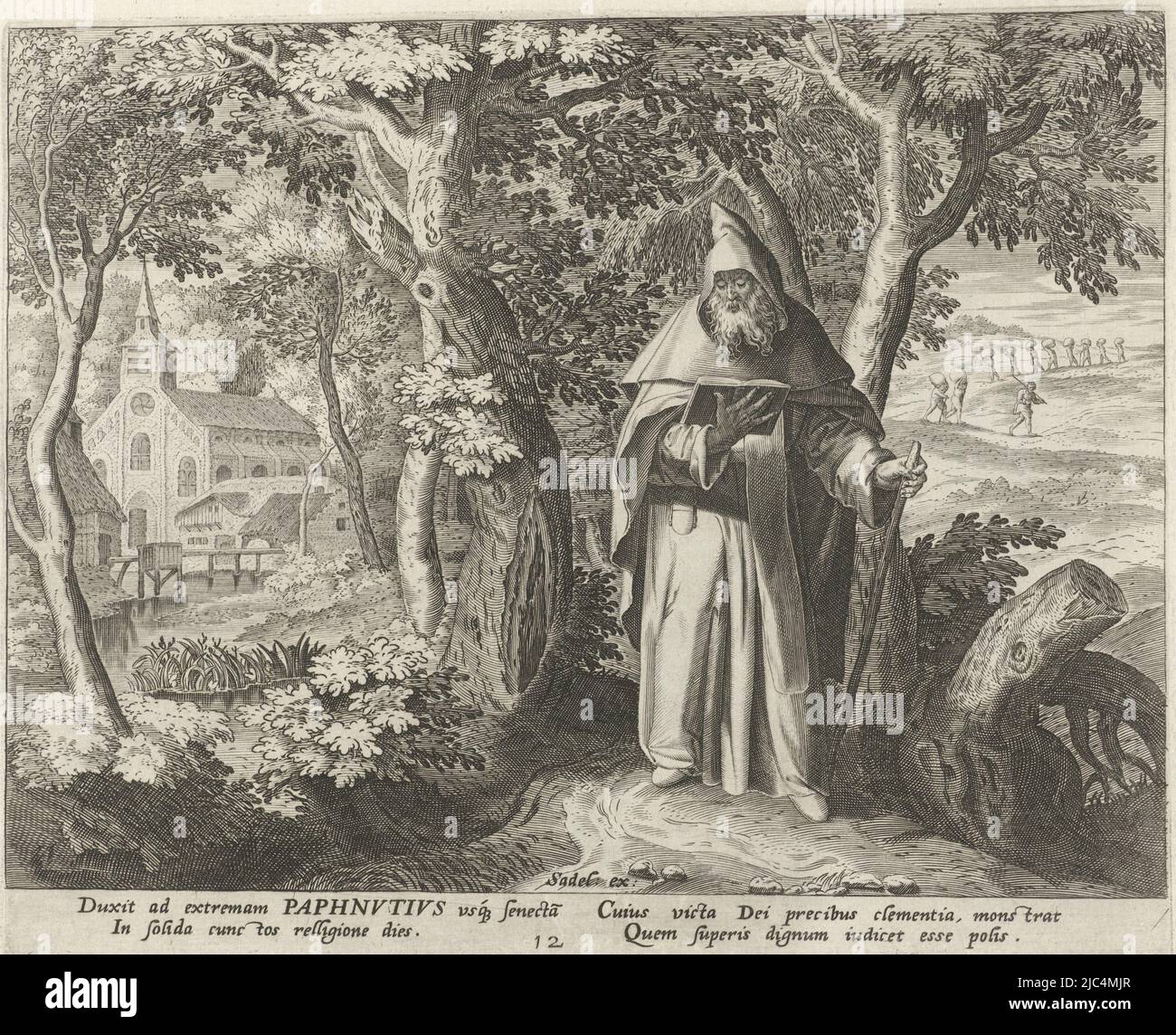 Saint Paphnutius as a hermit in the wilderness. In the background a ...