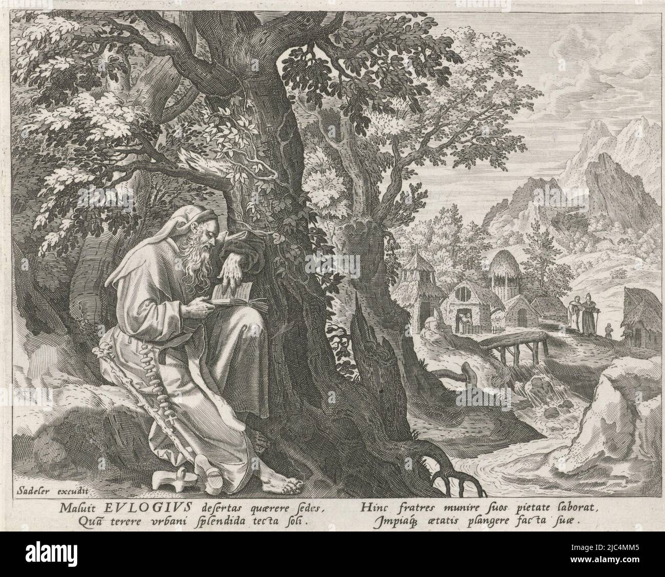 Eulogius the hermit in the wilderness. He is reading a Bible. A ...
