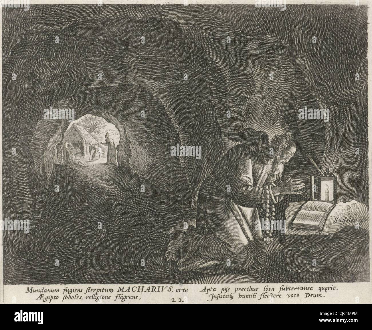 Saint Macarius of Egypt as a hermit in a cave. He is kneeling to pray ...