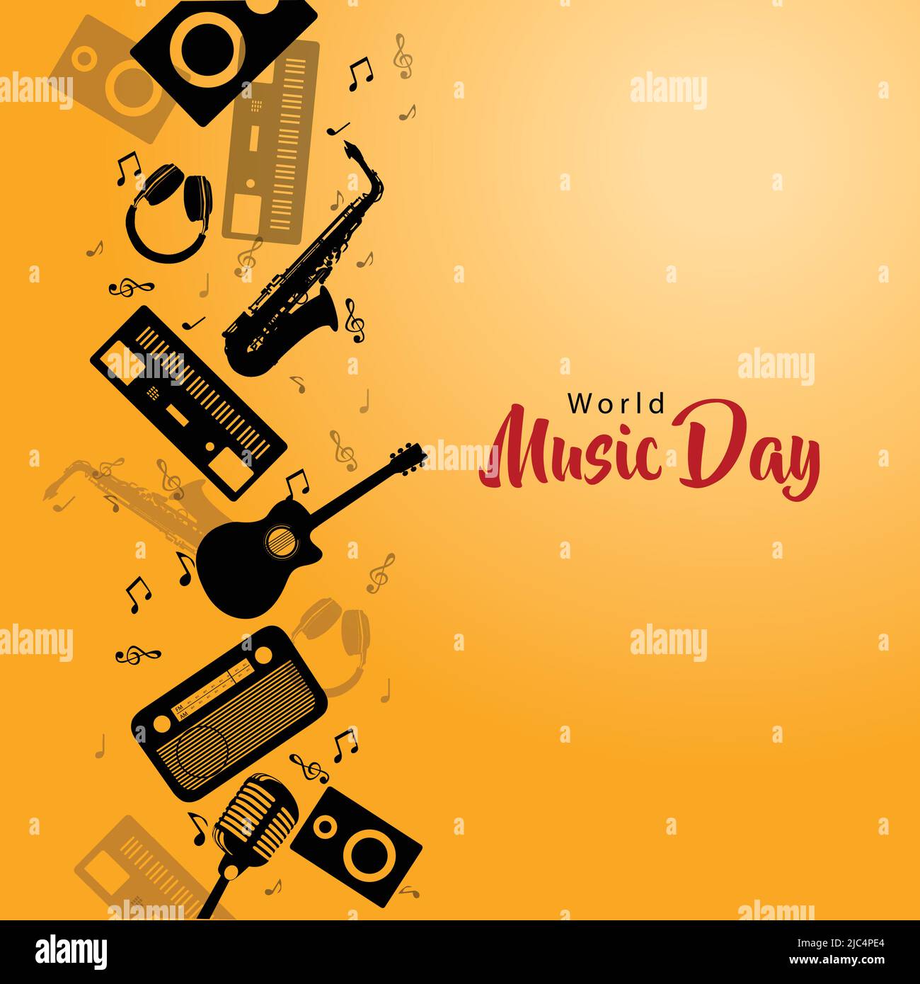 happy world music day and musical instruments with yellow background. vector illustration design ...