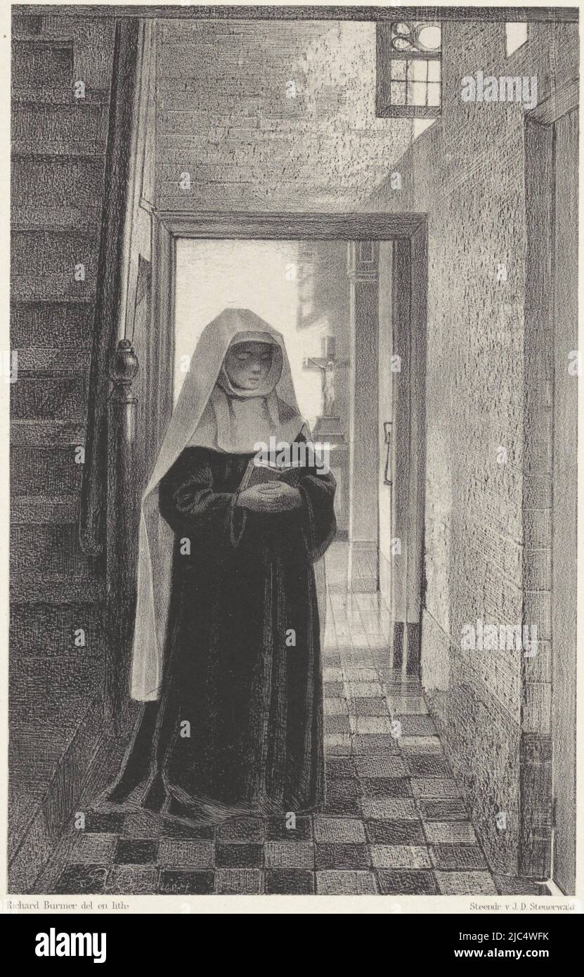 The nun is standing in a hallway with a tiled floor. To her left is a ...