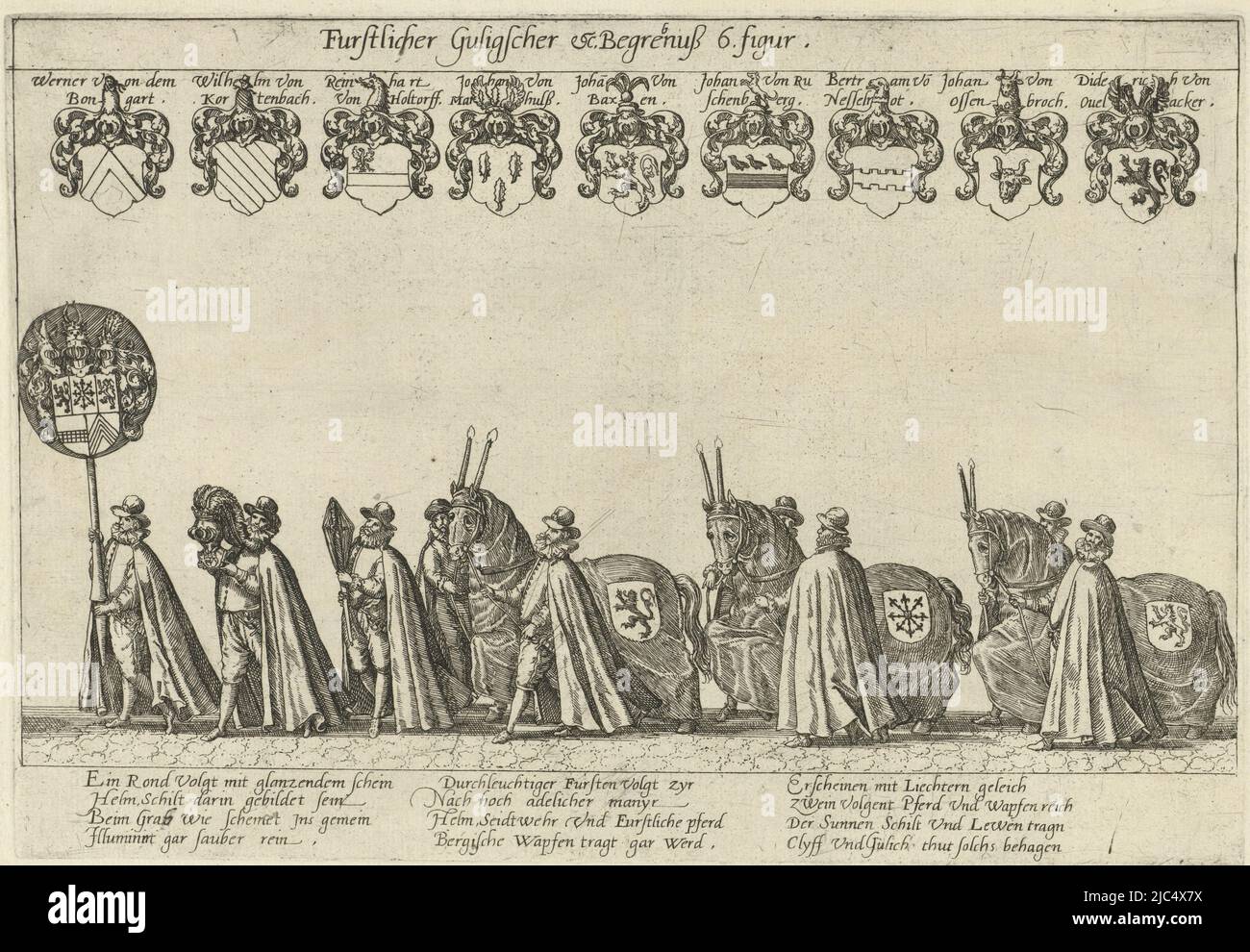 Funeral procession with funeral horses and bearers of helmet and shield ...