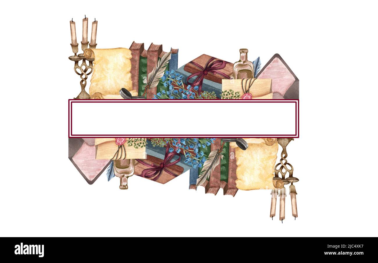 Watercolor book frame, education art library, bookshelves hand drawn ...