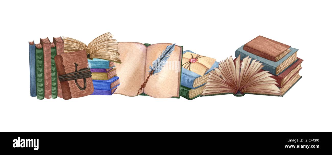 Watercolor book frame, education art library, bookshelves hand drawn ...