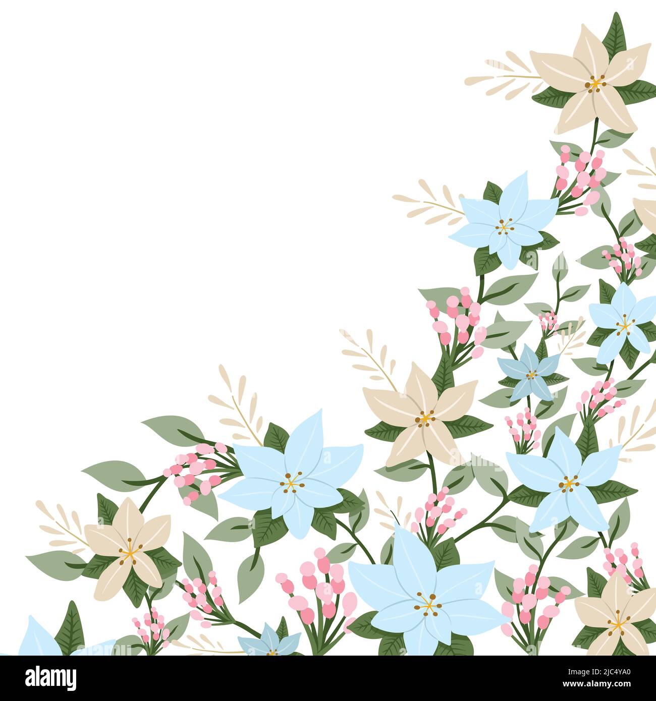Decorative floral frame with blue and pink flowers, leaves and branches ...