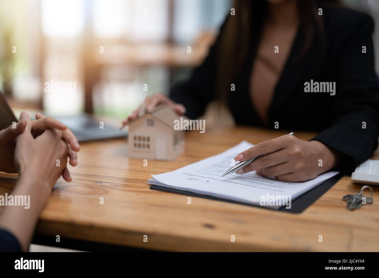 Real estate agent offer hand for customer sign agreement contract ...