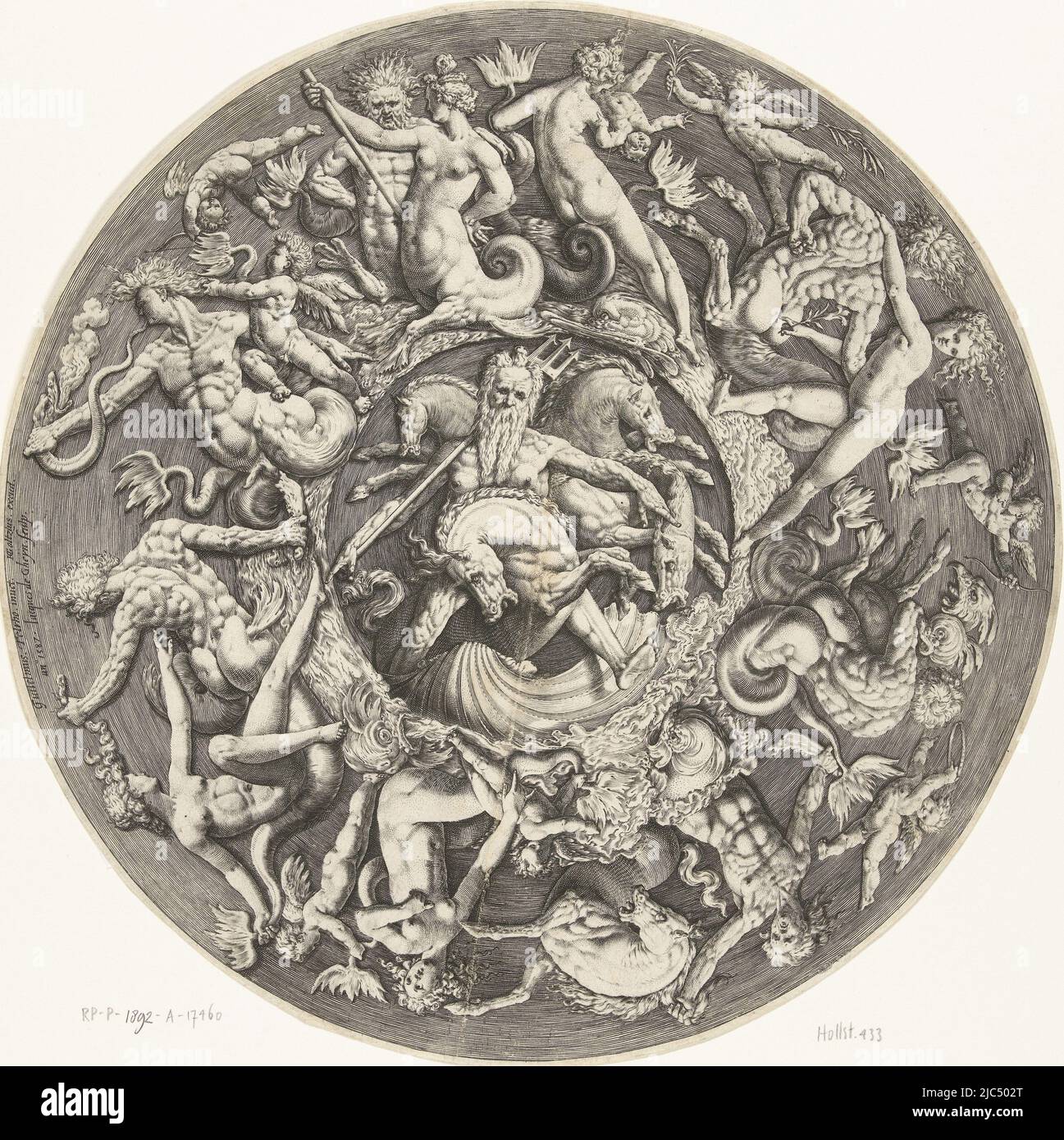 Circular representation with Neptune in the center, on horseback and ...