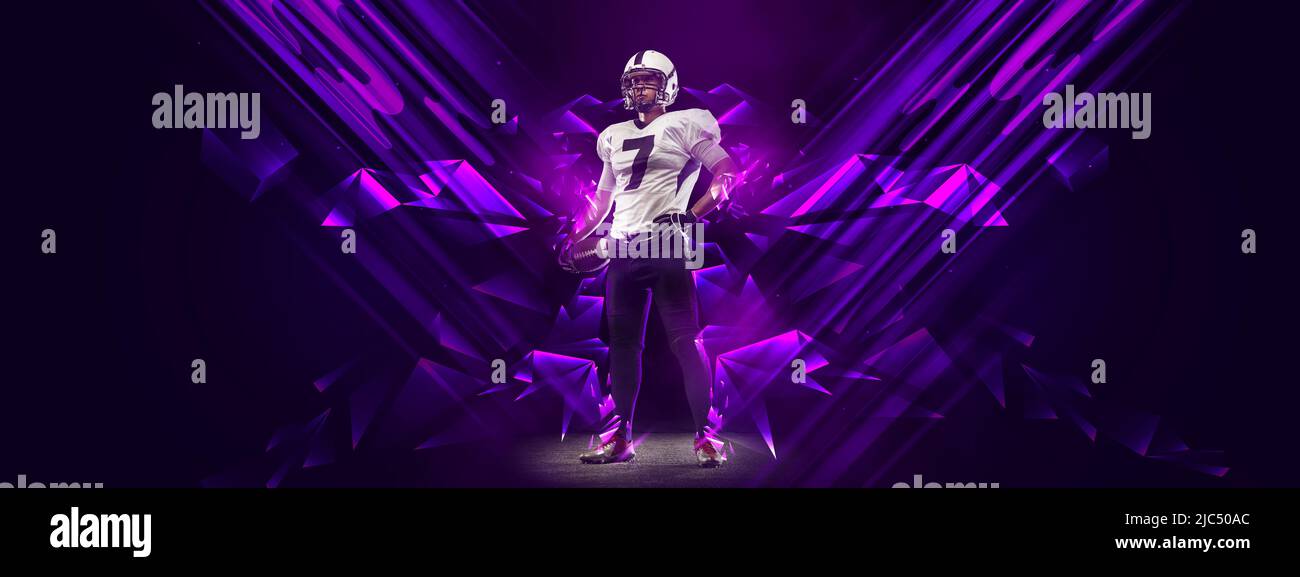 Bright poster with american football player standing isolated on dark ...