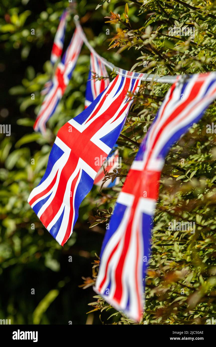Union jack bunting in a garden Stock Photo - Alamy