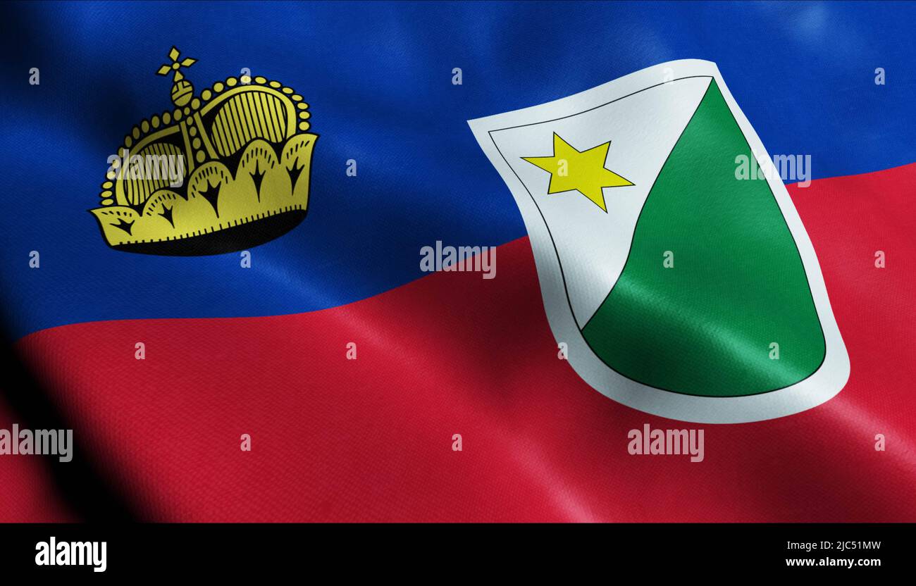 3D Illustration of a waving Liechtenstein city flag of Planken Stock ...