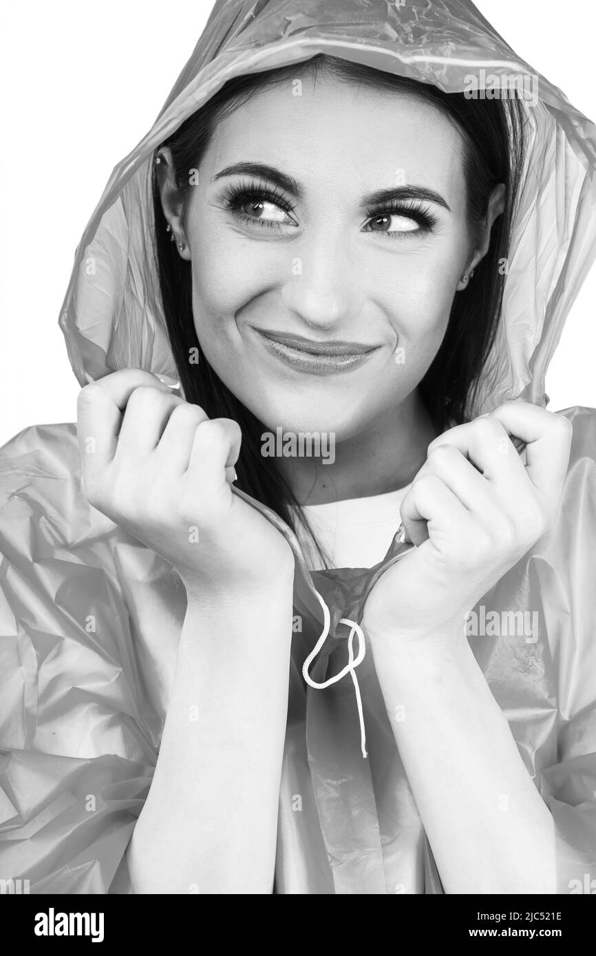 Beautiful woman black and white studio portrait. Model wearing plastic ...