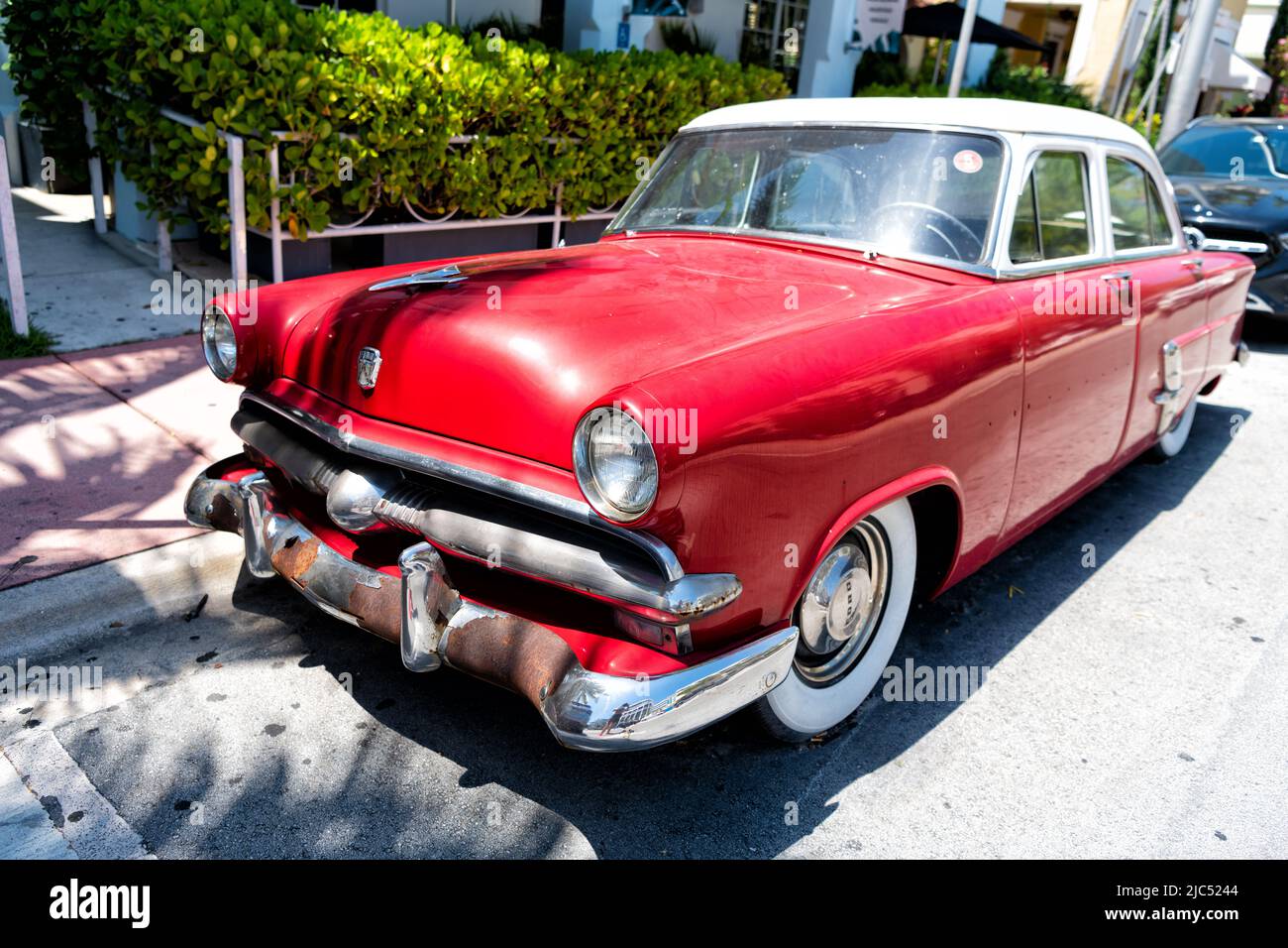 Miami Beach, Florida USA - April 14, 2021: red retro ford, corner view ...