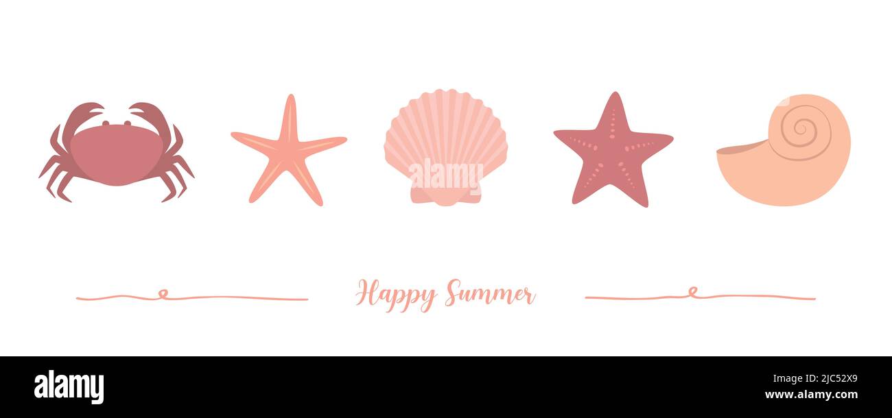 happy summer holiday banner design with with mussel crab and starfish ...